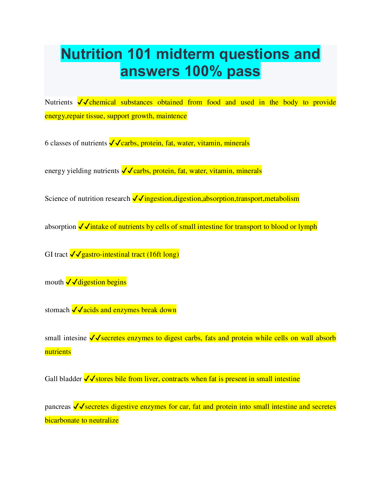 Nutrition 101 midterm questions and answers 100% pass – Scholarfriends - Scholarfriends